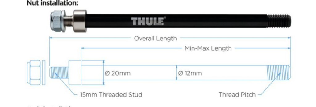 Thule axle adapter M12x1,5, 172 ou 178mm, fixation écrou, remorque ...